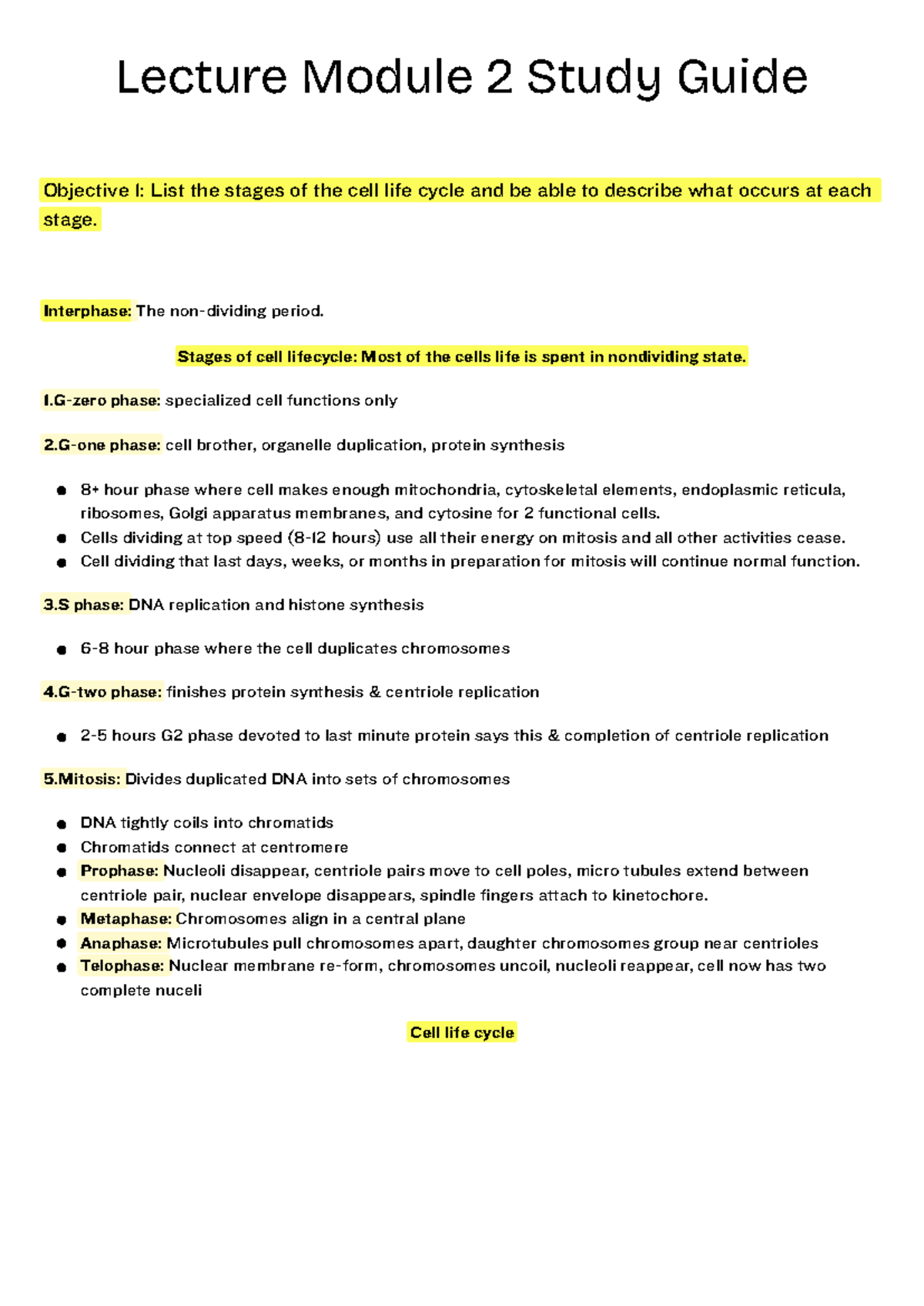 Cell Life Cycle & Regulation Study Guide - Module 2 - Studocu