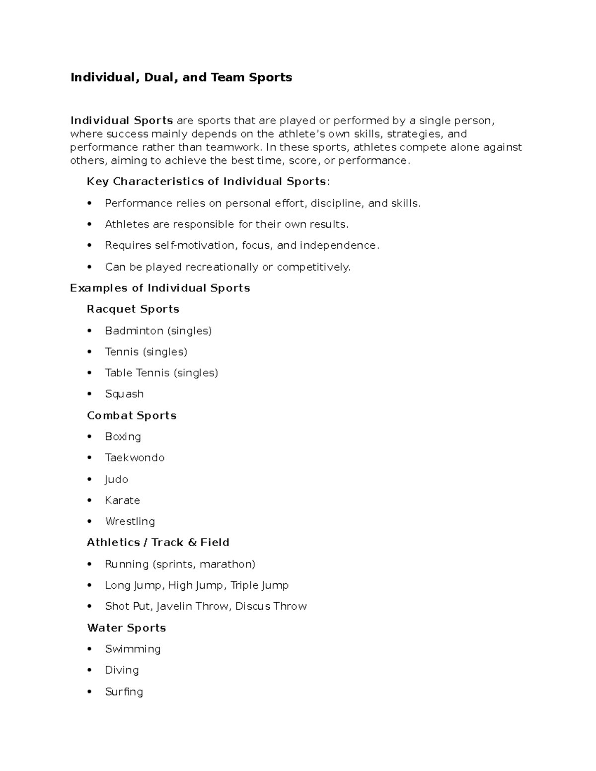 Individual, Dual, and Team Sports Overview: Key Characteristics and ...