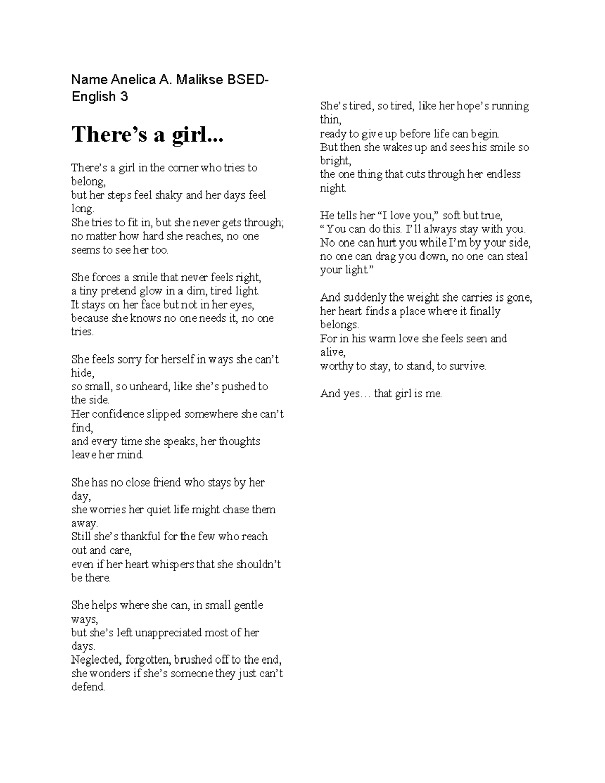 BSEDEnglish 3: Poem Assignment - A Girl's Journey to Belonging - Studocu