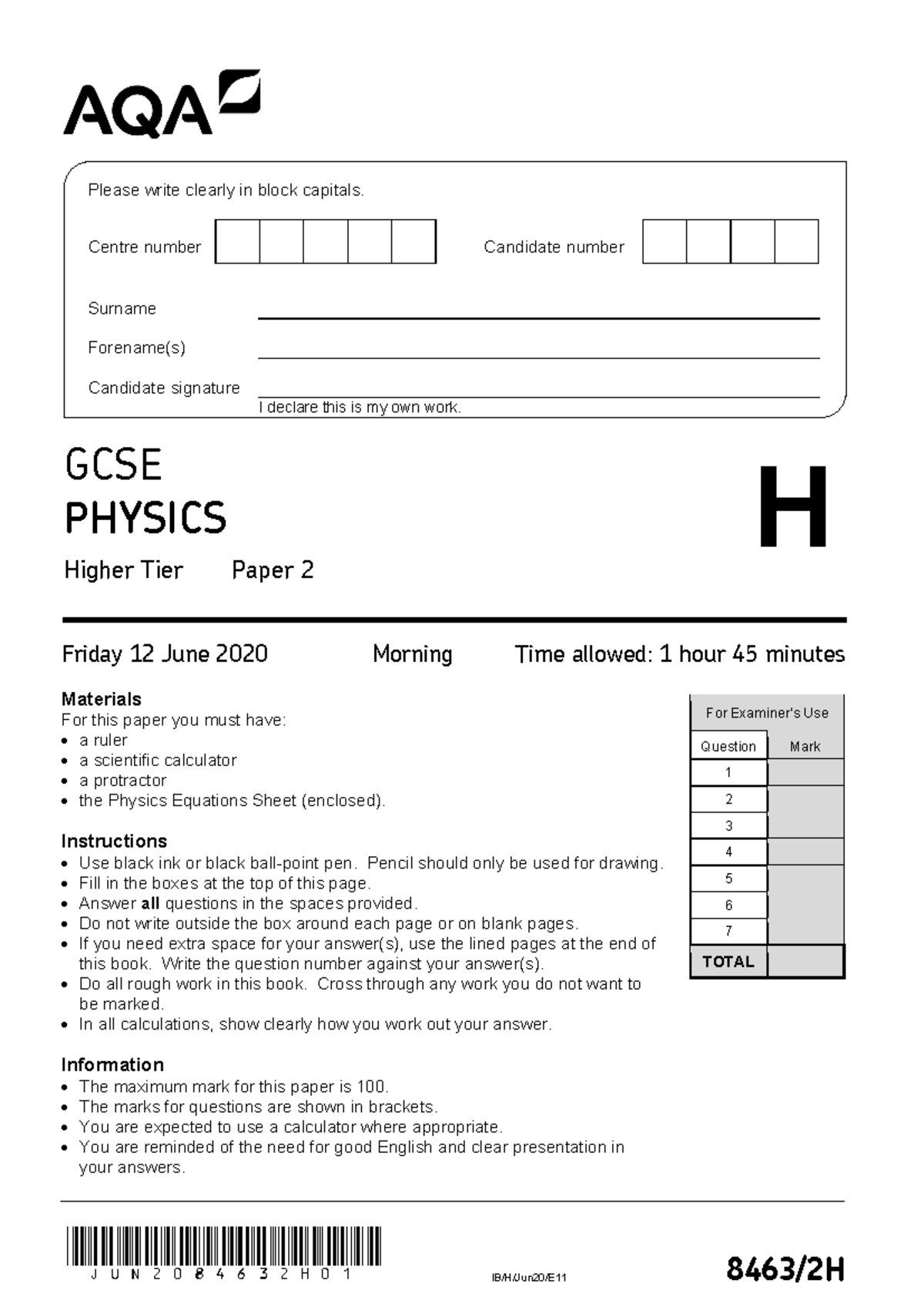 GCSE Physics Paper 2 - November 2020 Exam Questions and Marking - Studocu