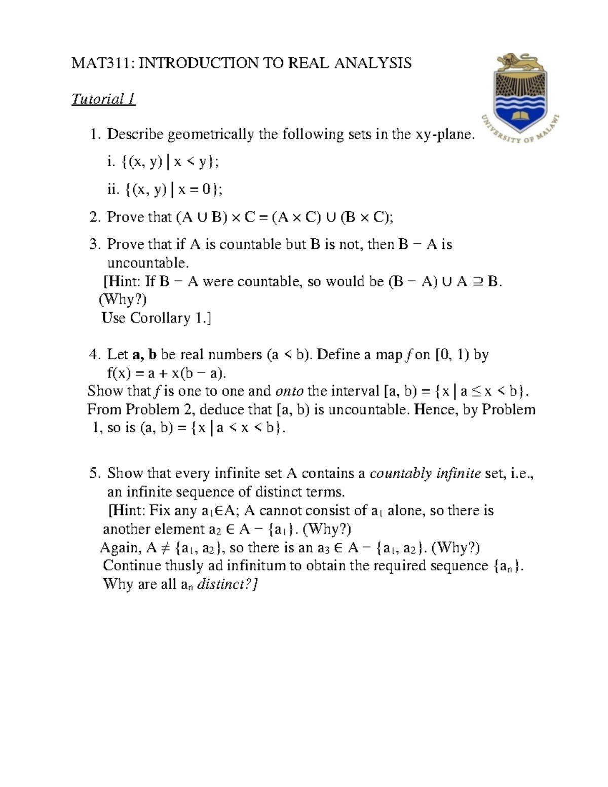 MAT311 Tutorial 1 - Geometric Sets & Properties in Real Analysis - Studocu