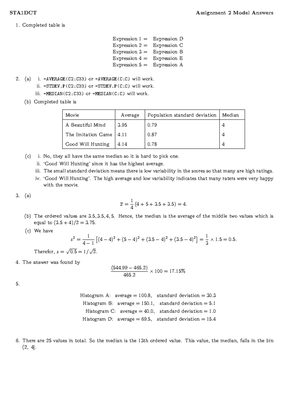 STA1DCT Assignment 2 Model Answers - STA1DCT Assignment 2 Model Answers ...