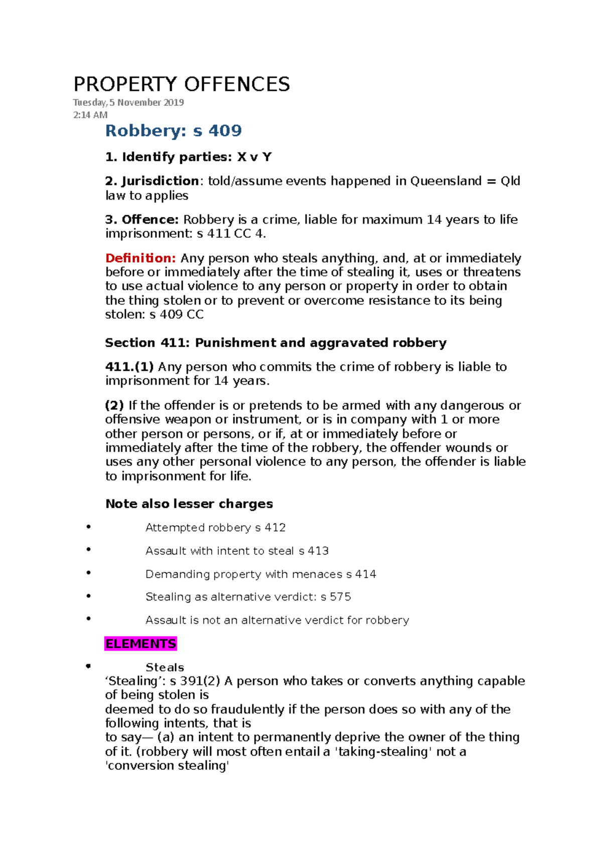 PROPERTY OFFENCES FINAL EXAM NOTES - Essential Review for QLD Law - Studocu