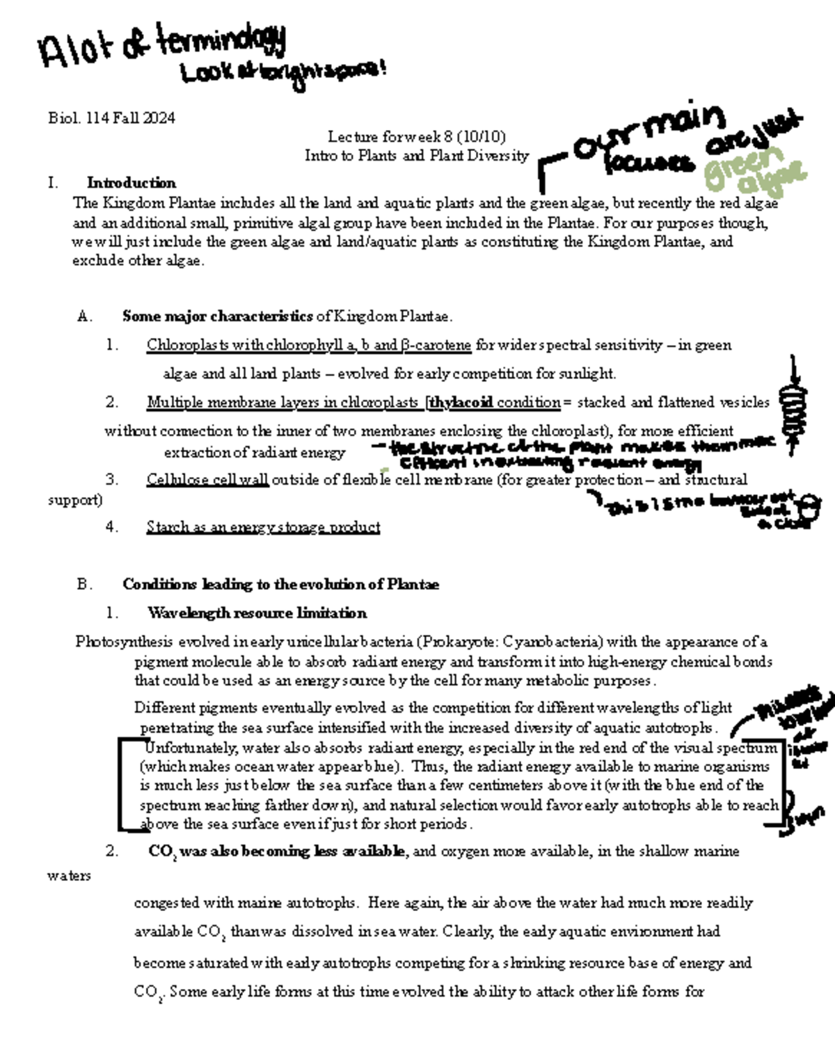Biol. 114 Fall 2024 - Week 8 Lecture Notes: Intro to Plants & Diversity ...