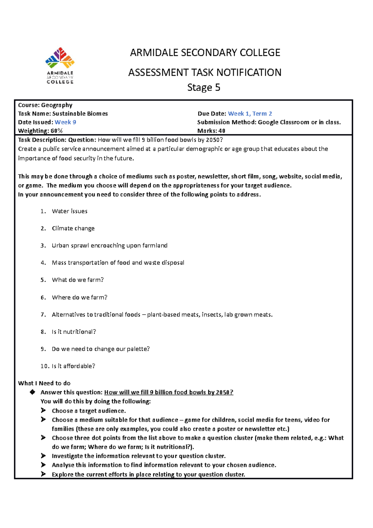 Sustainable Biomes Assessment Task - Geography Stage 5 2023 - Studocu