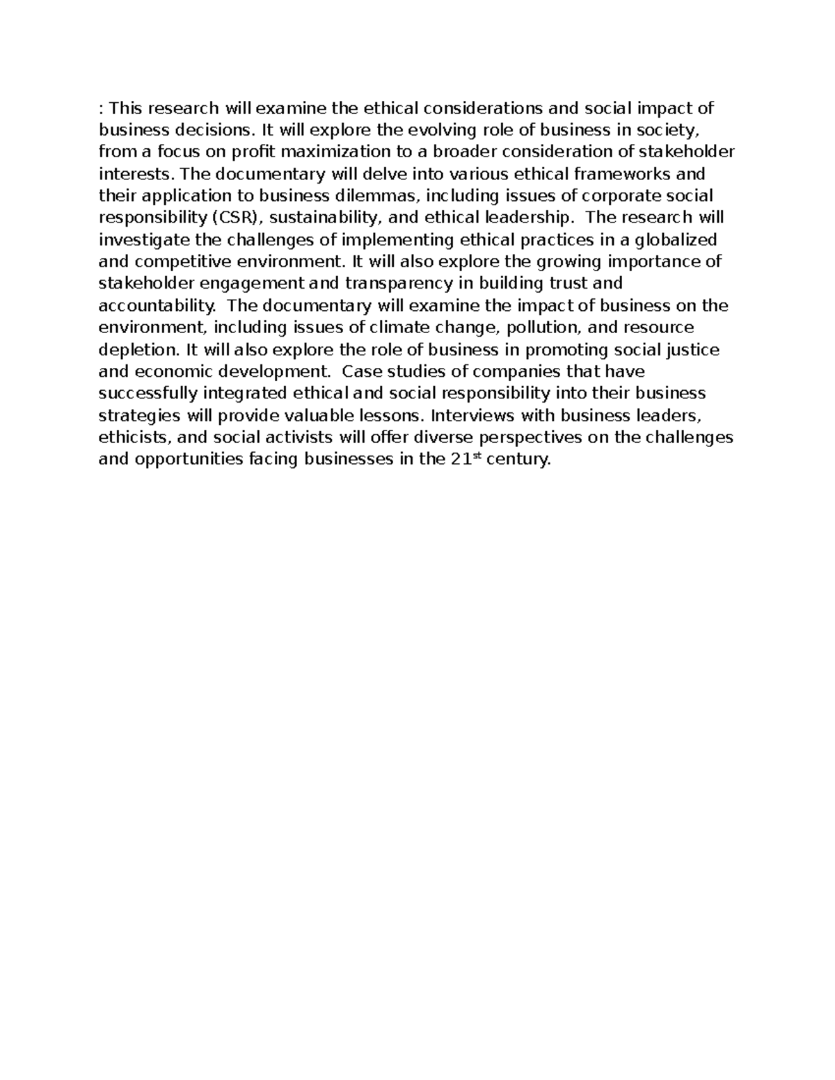 Business Ethics and Social Responsibility - : This research will ...