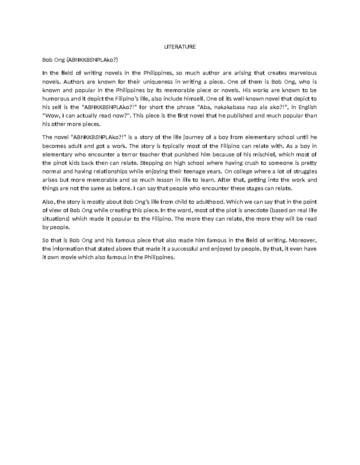 ABNKKBSNPLAko? by Bob Ong: A Literature Essay Analysis - Studocu