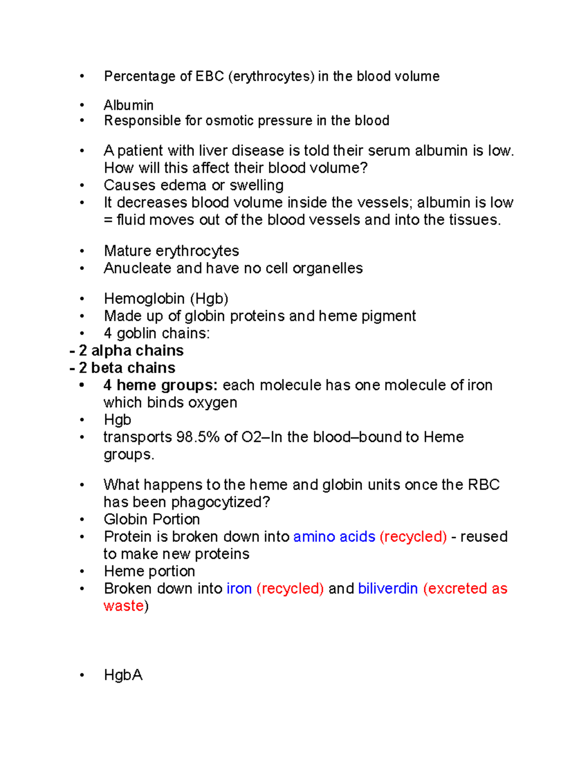 Anat 1 - Lecture Notes on Erythrocytes and Albumin Effects - Studocu