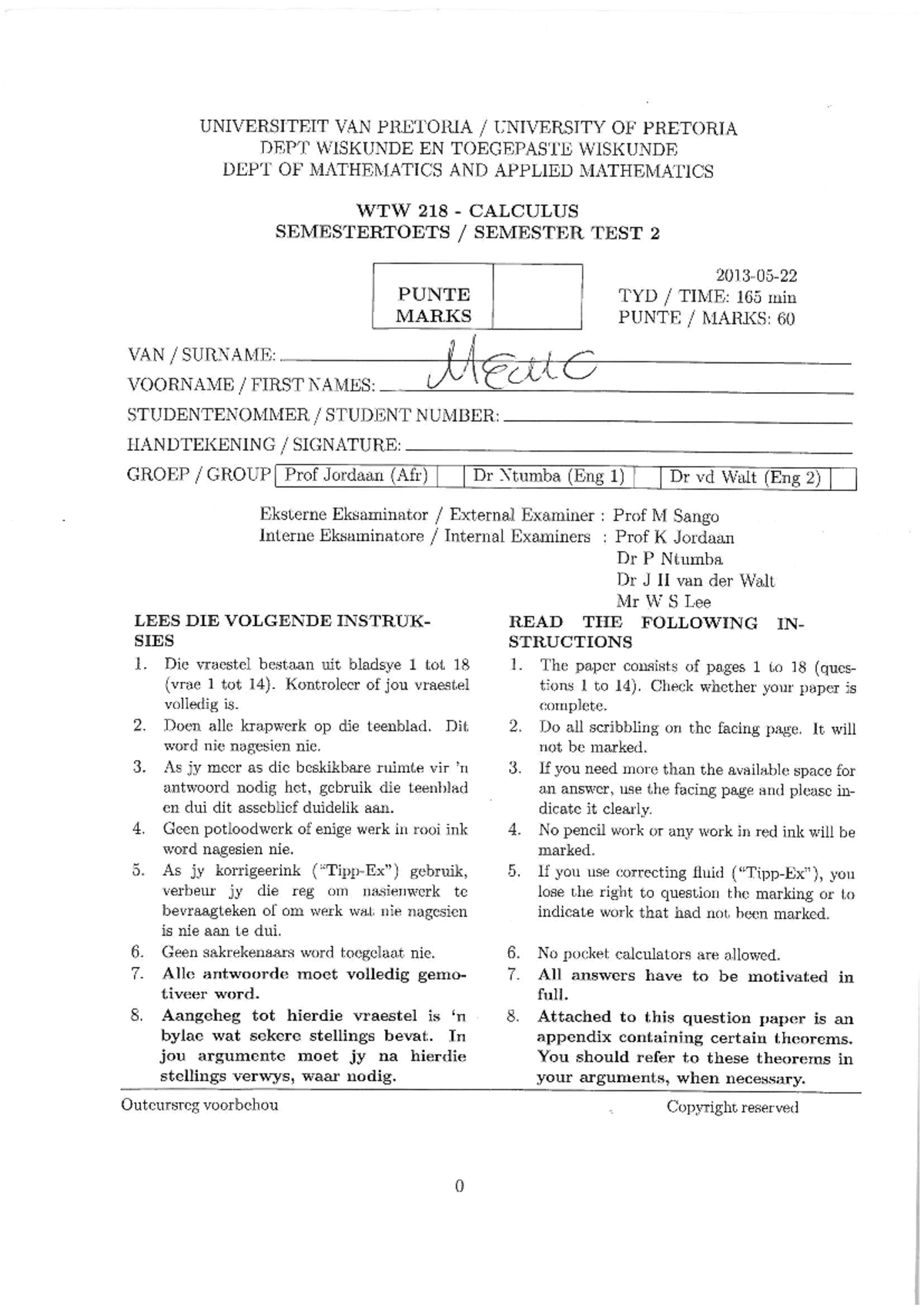 WTW 218 Calculus Semester Test 2 Memo - 2013 - Studocu