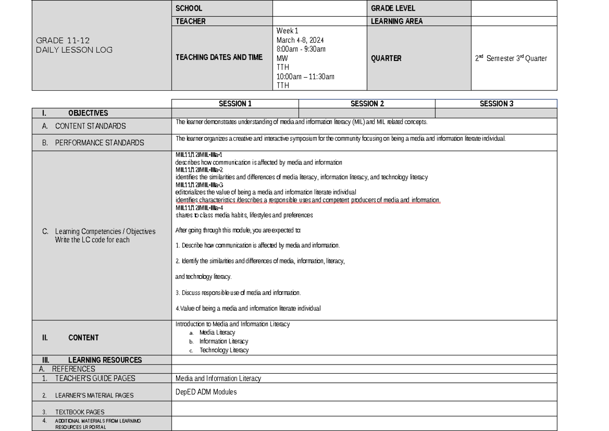 Grade 11 Daily Lesson Log: Media & Information Literacy (Quarter 2 ...