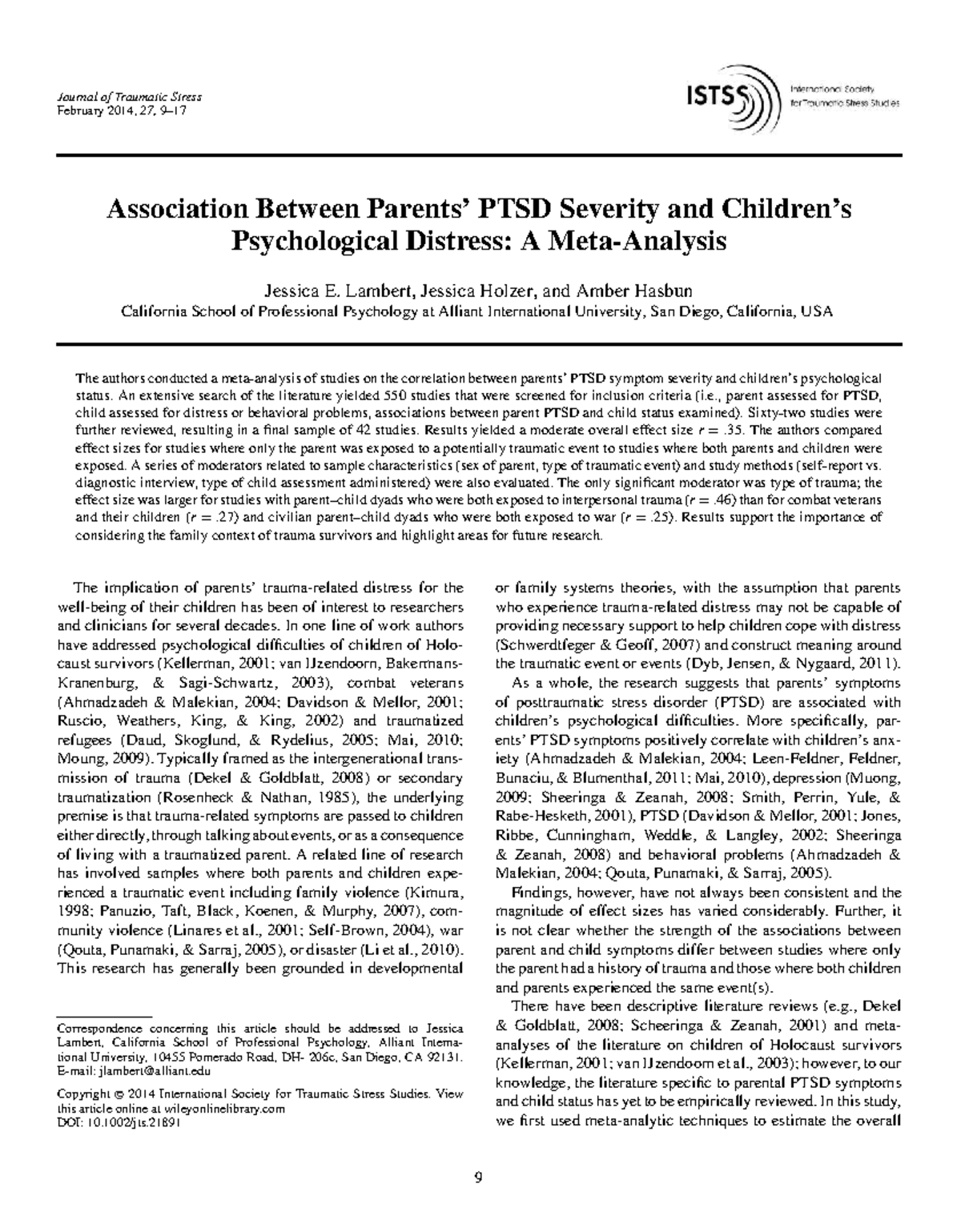 Parental PTSD and Child Distress: A Meta-Analysis (PSY 401 Final Exam ...