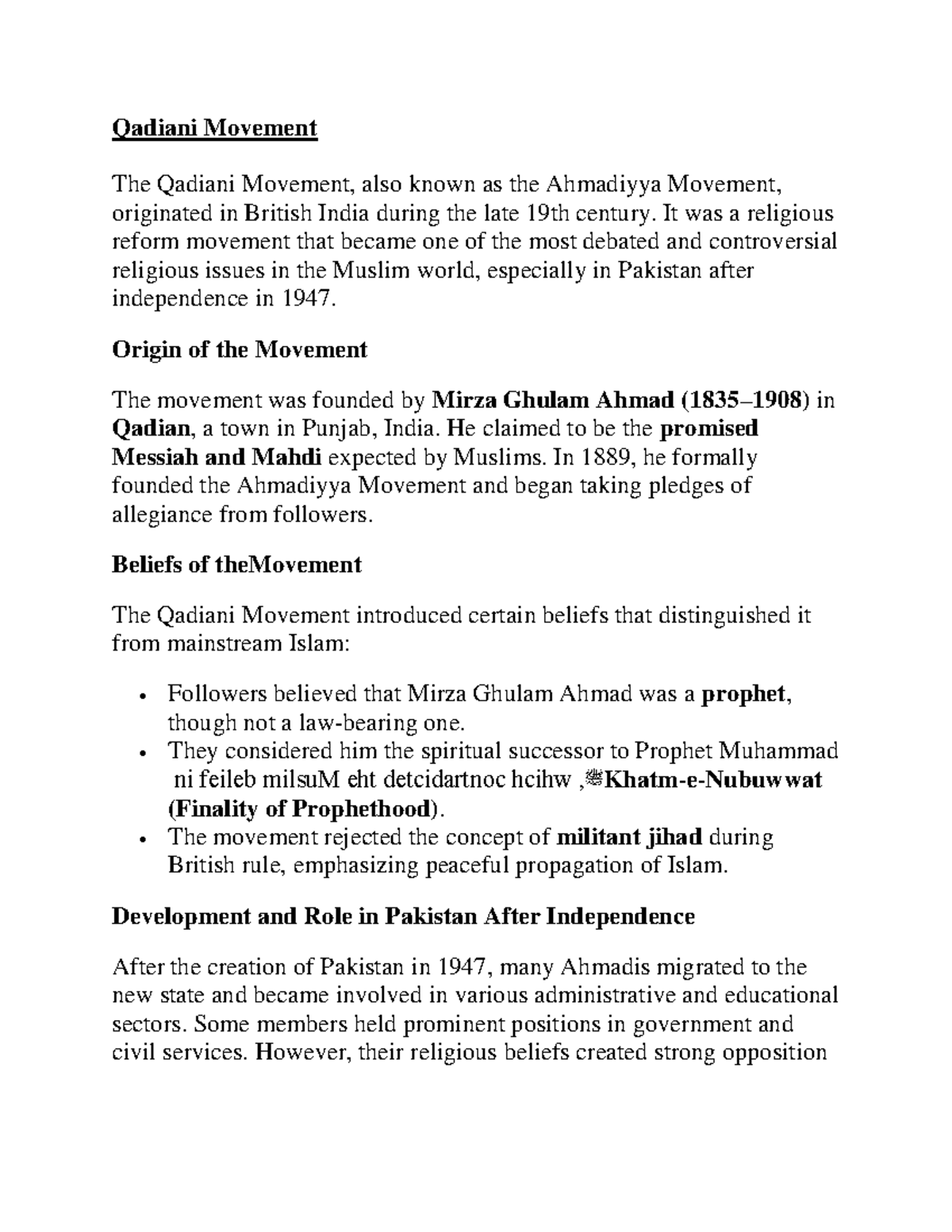 Qadiani Movement: Origins, Beliefs, and Impact in Pakistan - Studocu