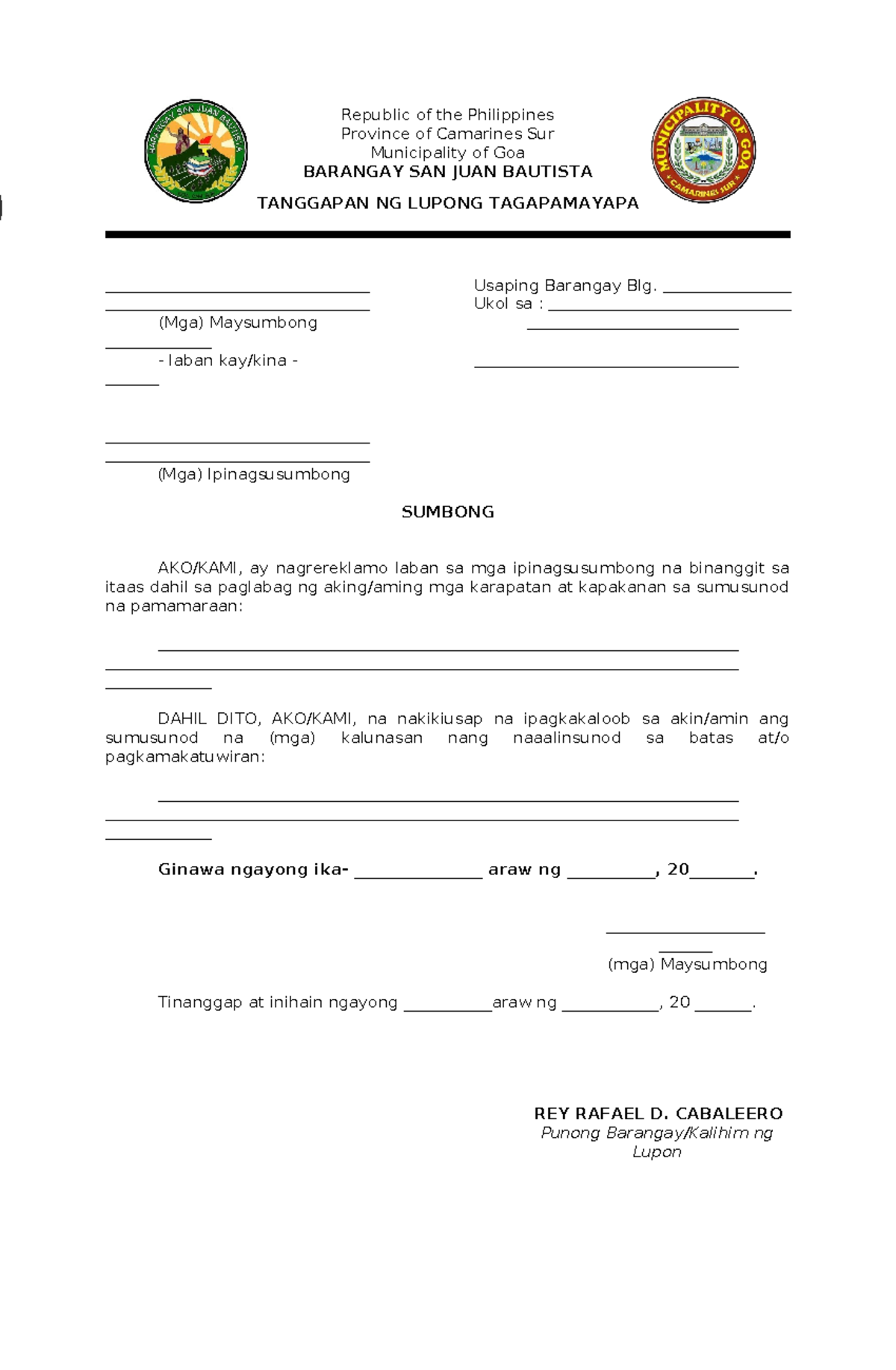 KP 7 Sumbong - KP Form No. 7 - Republic of the Philippines Province of ...