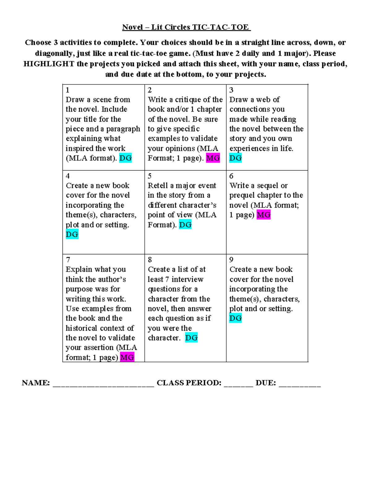 TIC-TAC-TOE Activities Assignment for Lit Circles - Menu Options - Studocu