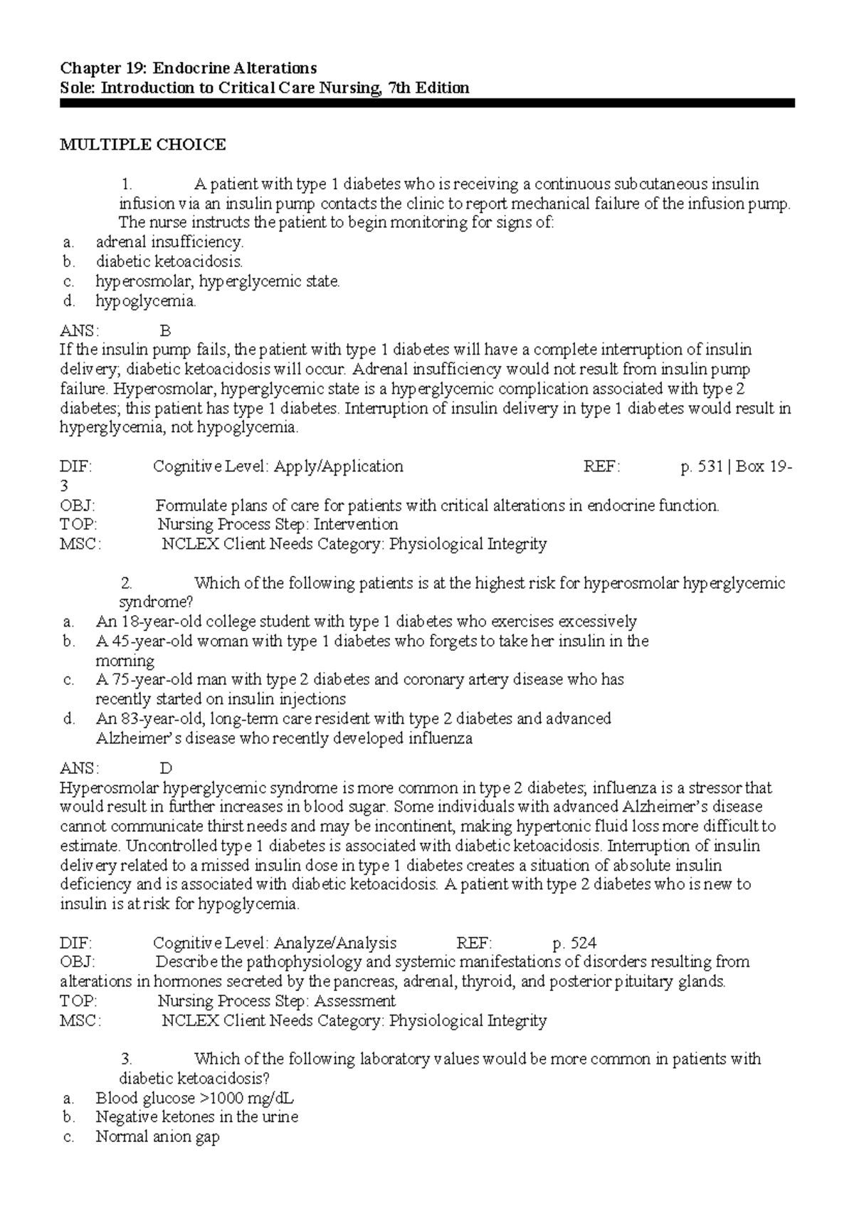 Nursing430 Final Exam Review: Q&As for Chapter 19 on Endocrine ...