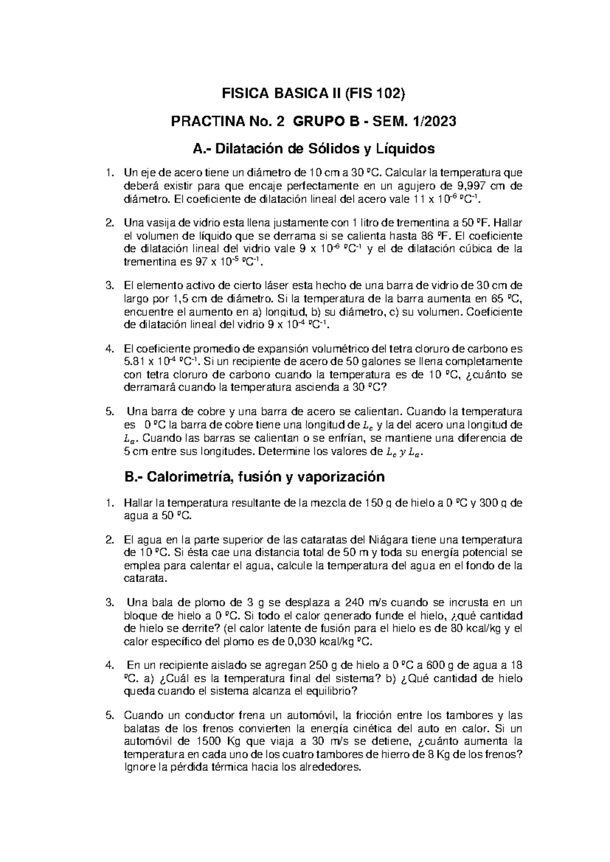 Práctica de Calor y Dilatación (FIS 102) - Sem. 1 - Studocu
