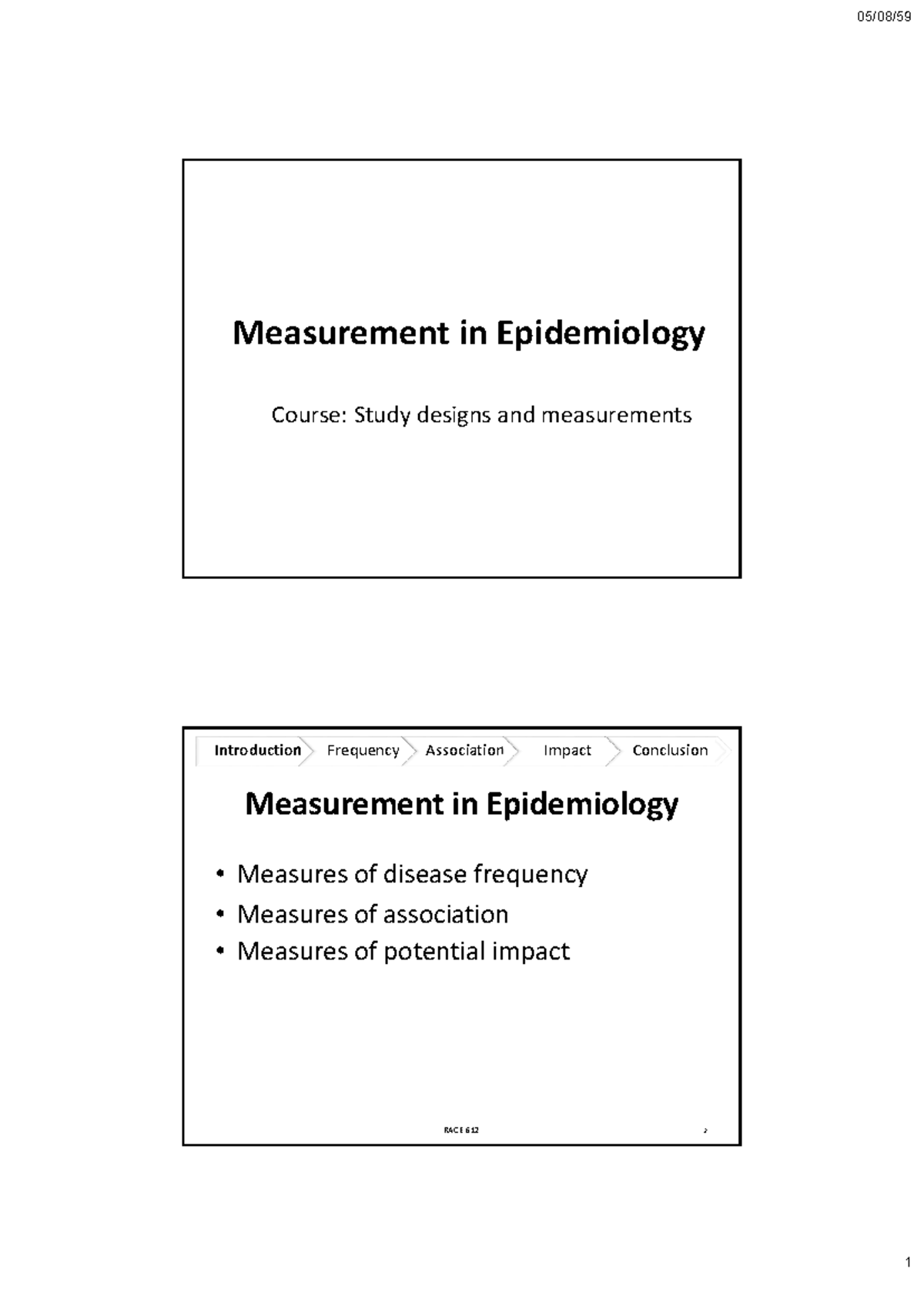 RACE 612: Measurement in Epidemiology - Key Concepts and Metrics - Studocu