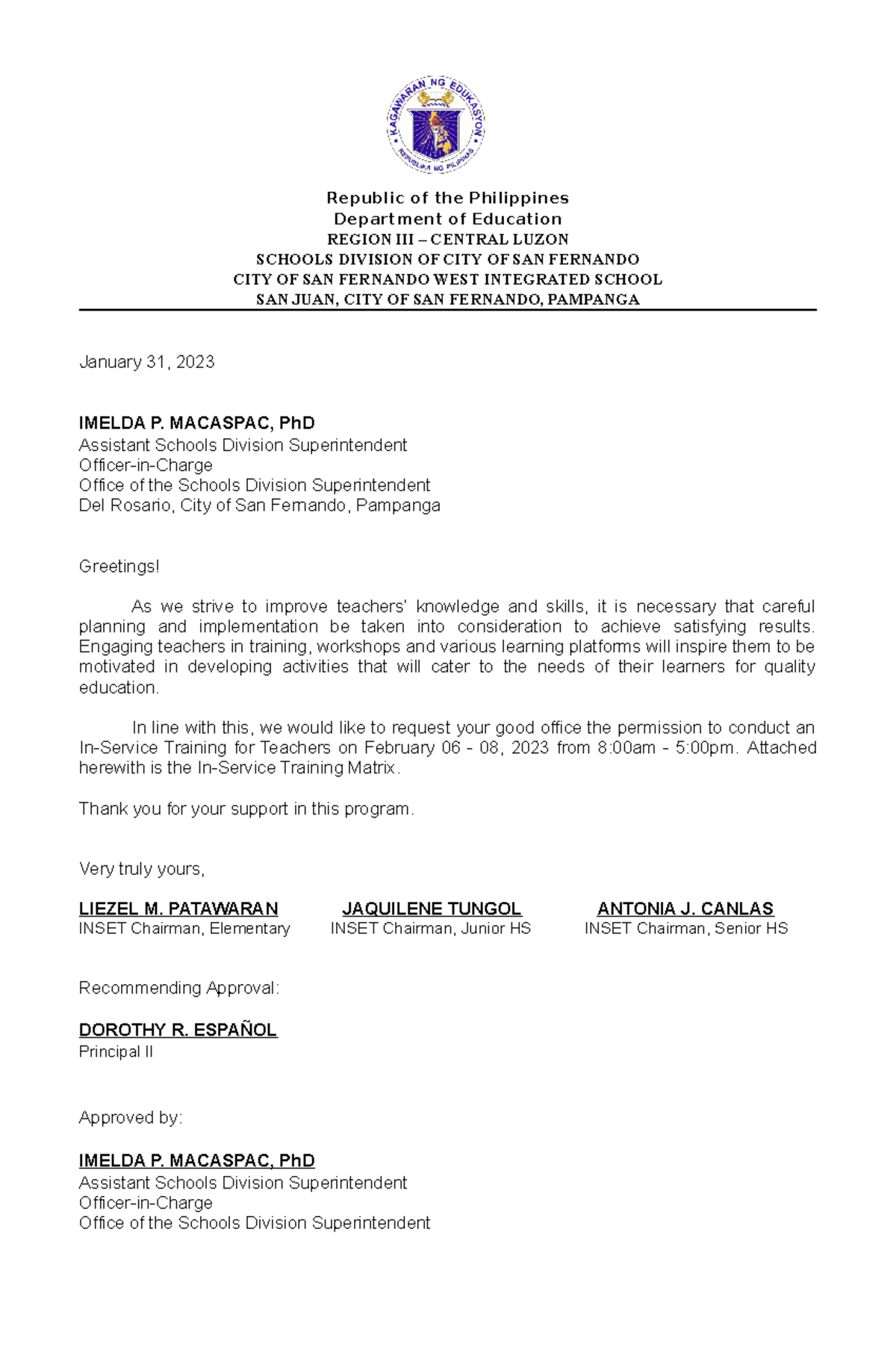 INSET Letter Sample: In-Service Training Request for Teachers - Studocu