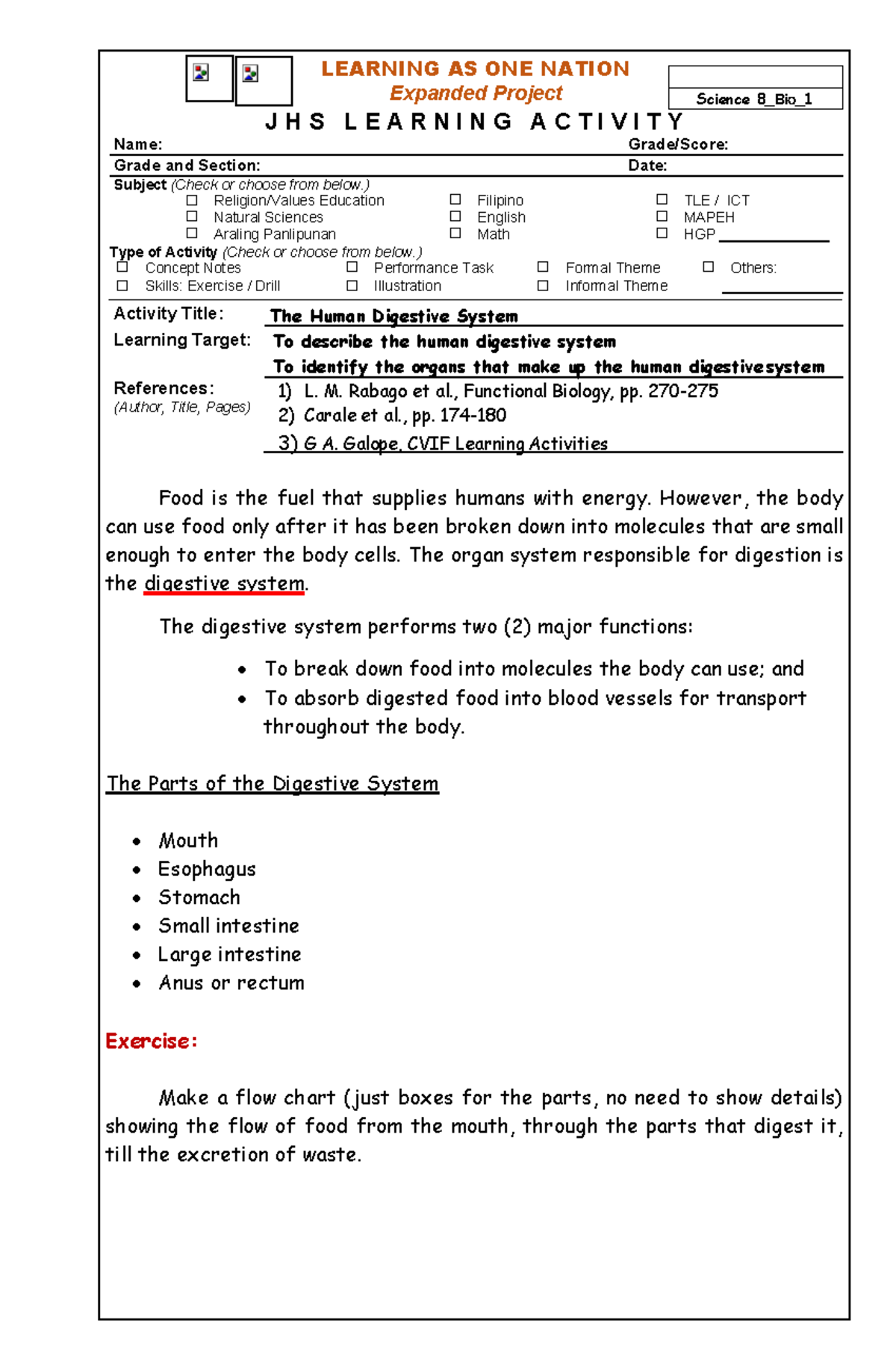Science 8 Biology LAS 1: Exploring the Human Digestive System - Studocu