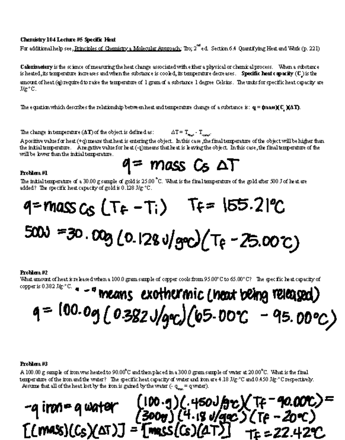 Lecture 5 - Bridges - Chemistry 104 Lecture Specific Heat nd For ...
