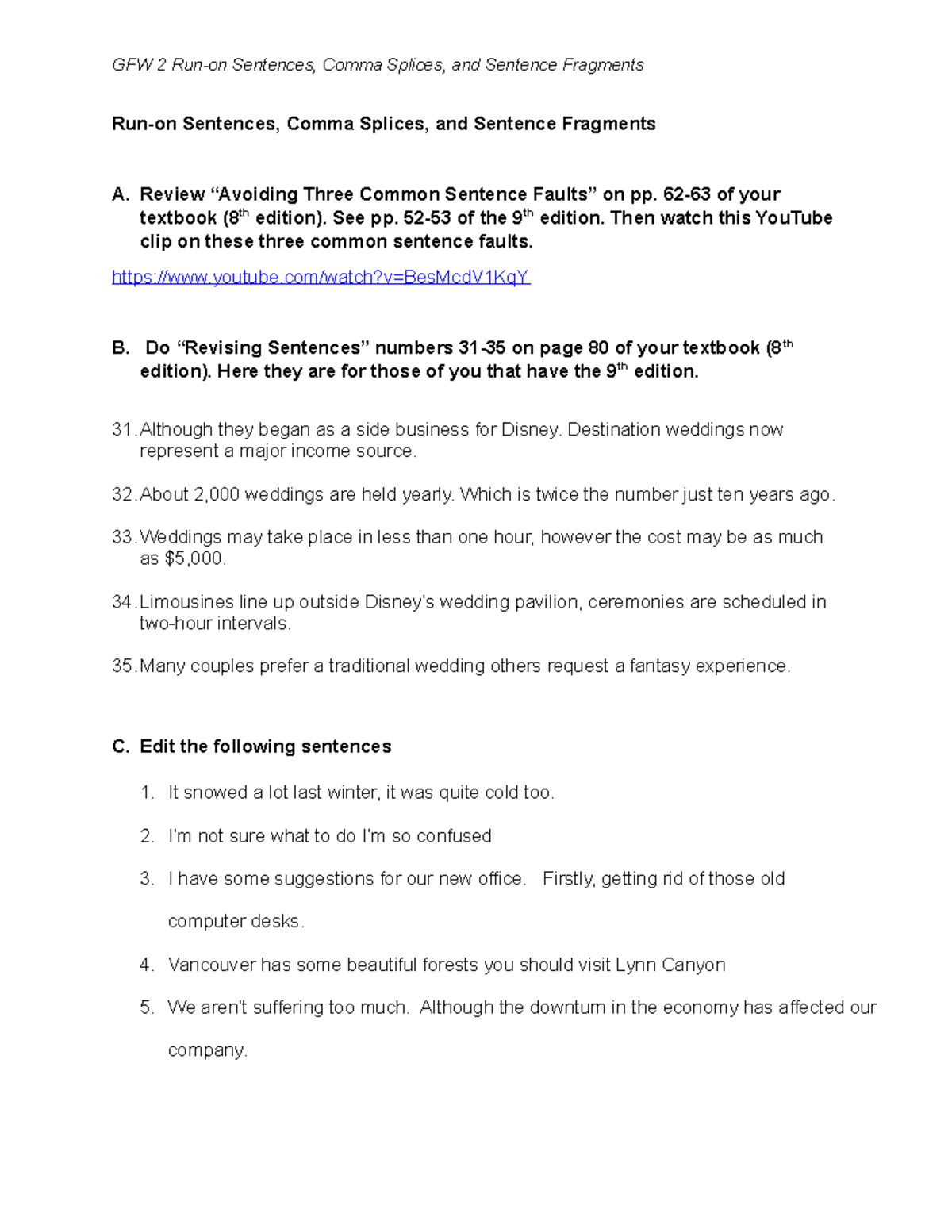 GFW 2 - Run-on Sentences, Comma Splices & Sentence Fragments Guide ...