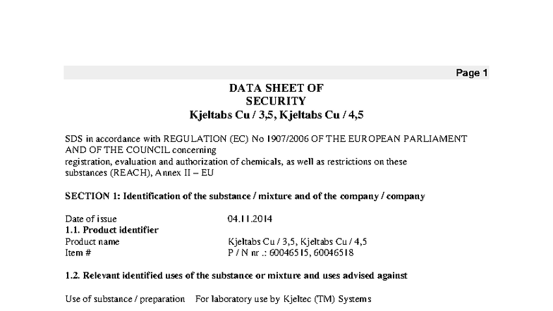 60046515 MSDS for Kjeltabs Cu 3.5 & Cu 4.5 - Safety Data Sheet - Studocu