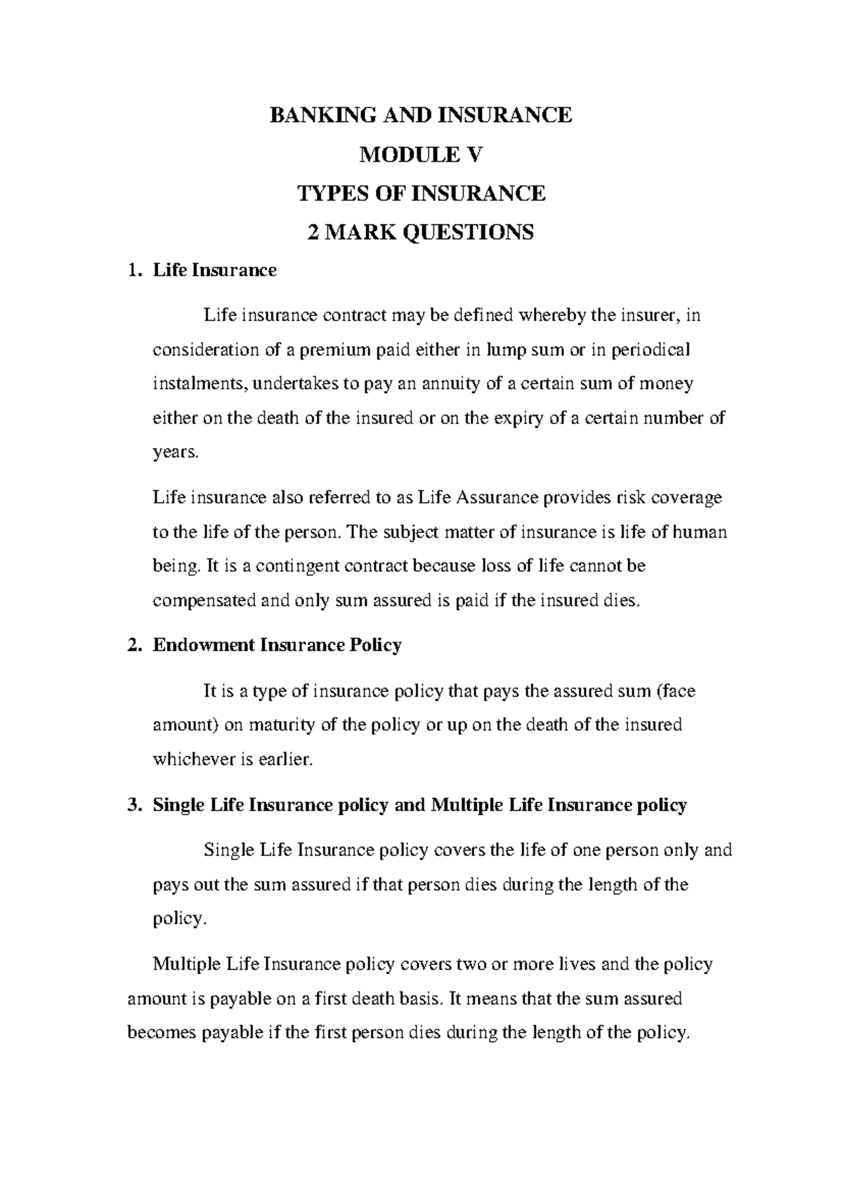 BANKING AND INSURANCE MODULE V: Types of Insurance - 2 Mark Qs - Studocu