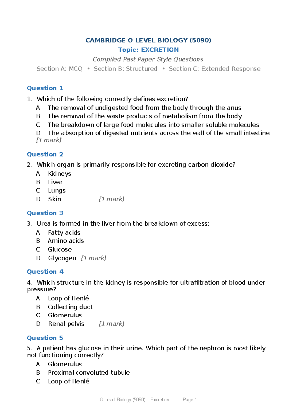 O Level Biology (5090) Excretion: Past Paper Style Questions - Studocu
