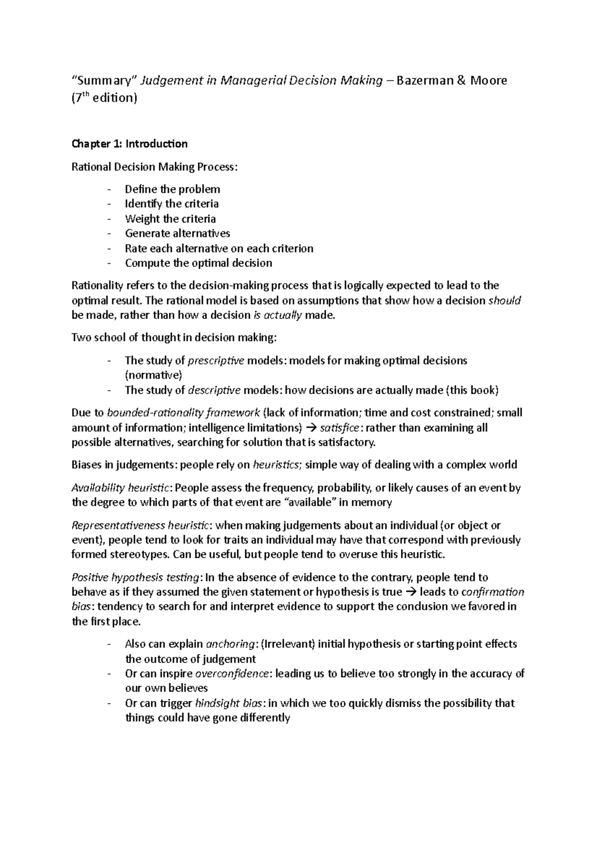 Summary Judgment in Managerial Decision Making (Ch. 1-6) - Analysis ...