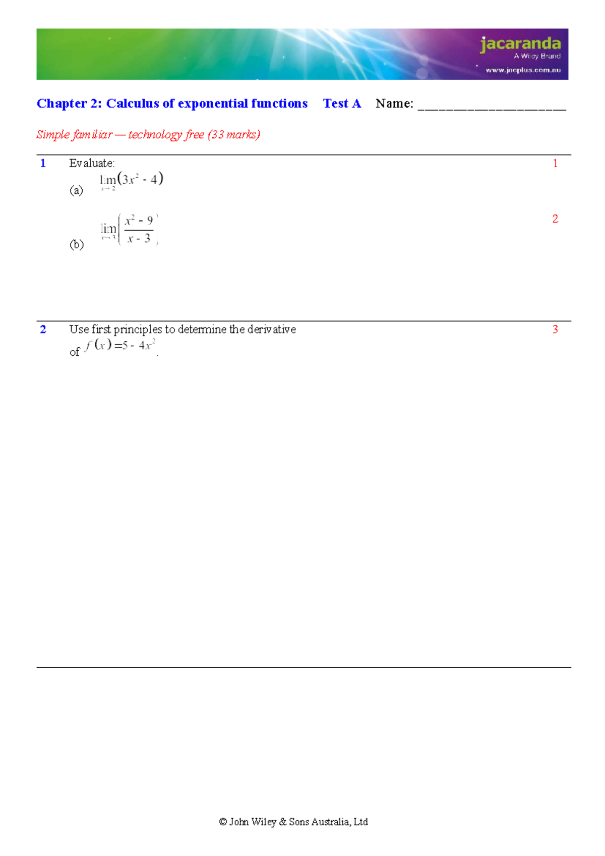 Chapter 2: Calculus of Exponential Functions Test A - Maths Quest 12 ...