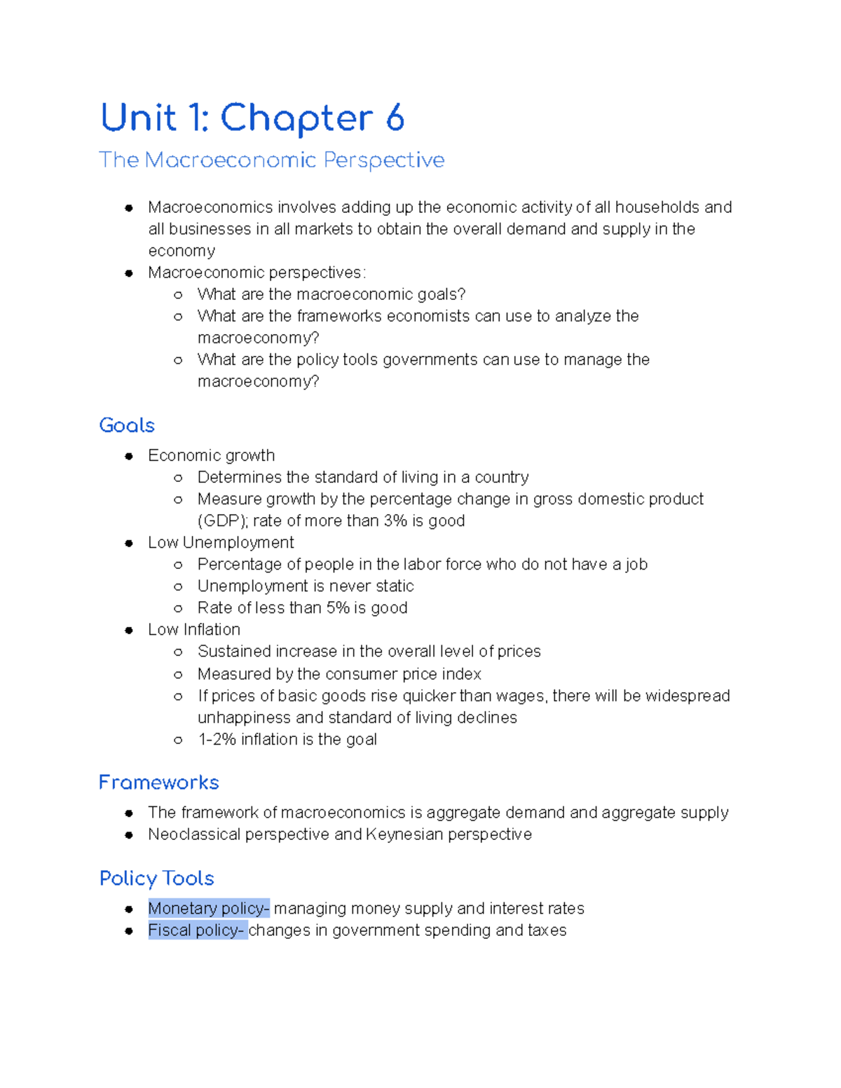 Unit 1: Chapter 6 - Overview of Macroeconomic Perspectives - Studocu