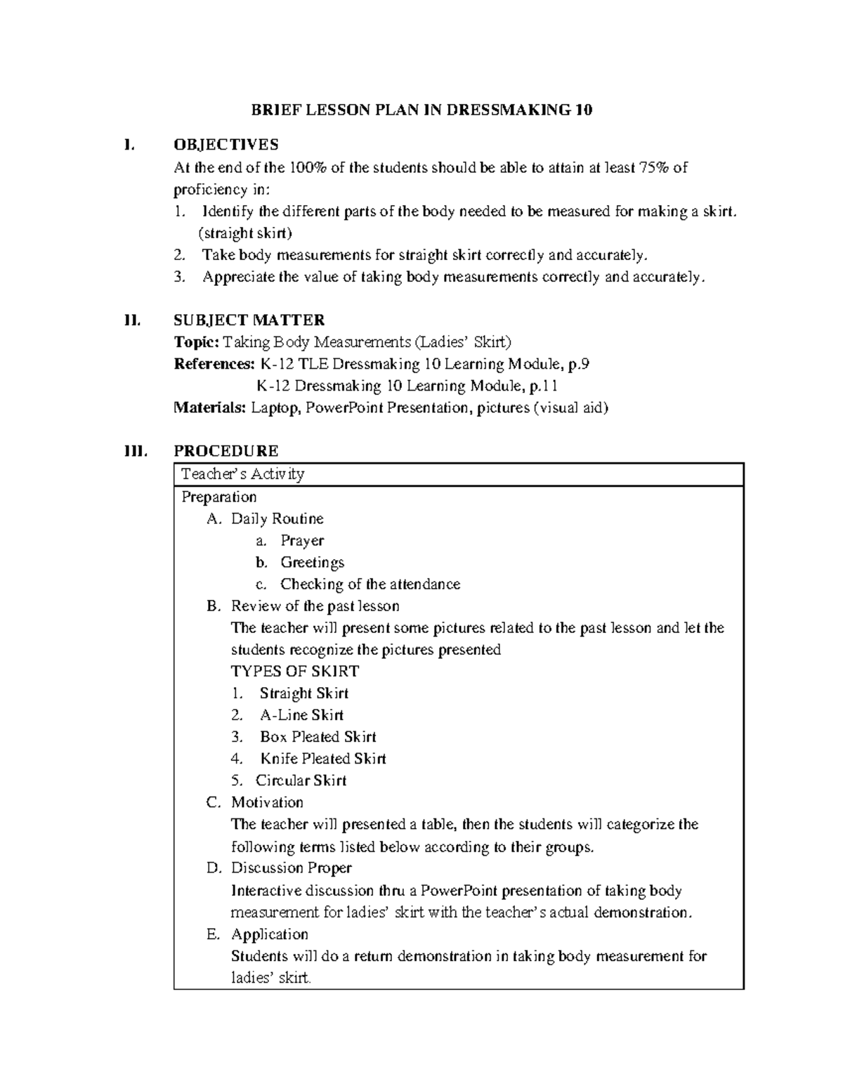BRIEF LESSON PLAN ON TAKING BODY MEASUREMENTS FOR STRAIGHT SKIRT (TLE ...