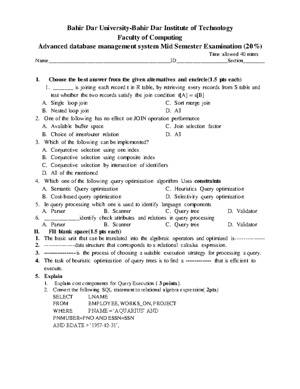 Adbms Mid Sem Exam C1: Advanced Database Management Systems - Studocu