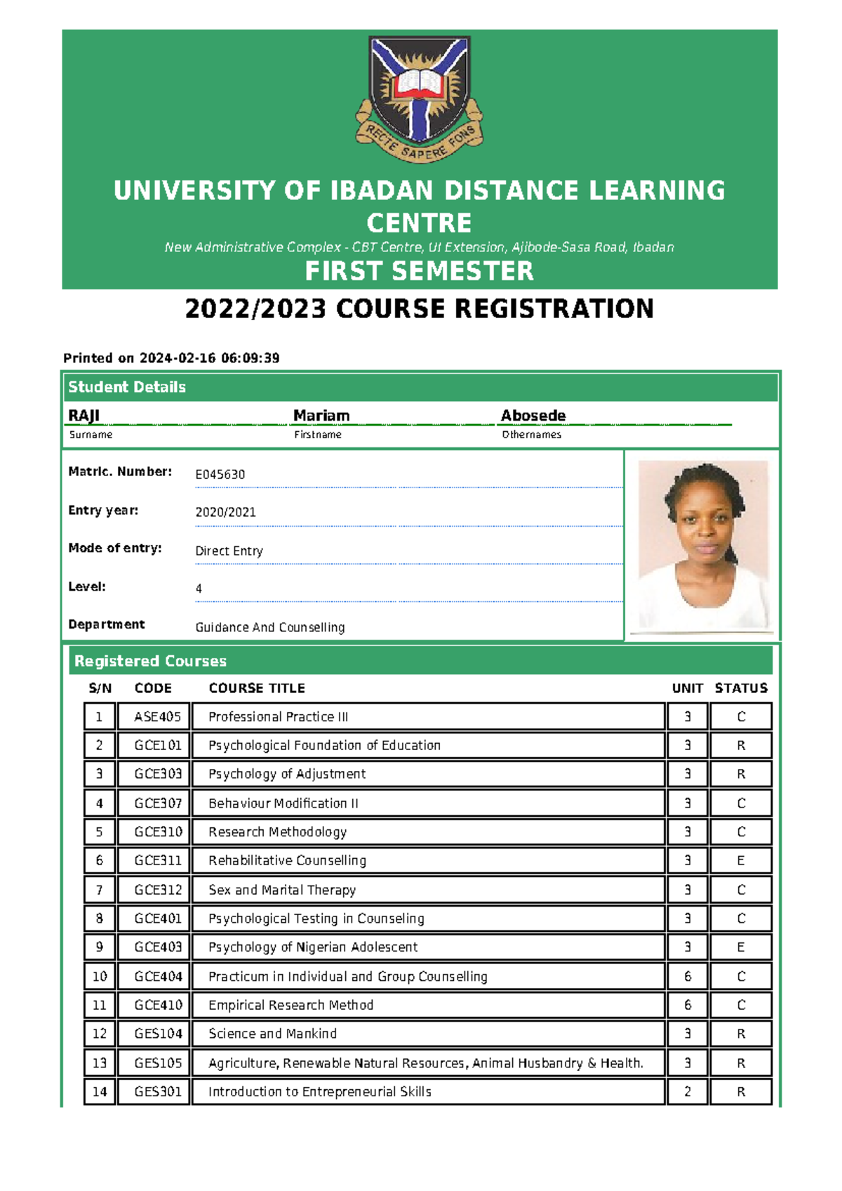 UI Distance Learning: First Semester Course Registration for Level 4 ...
