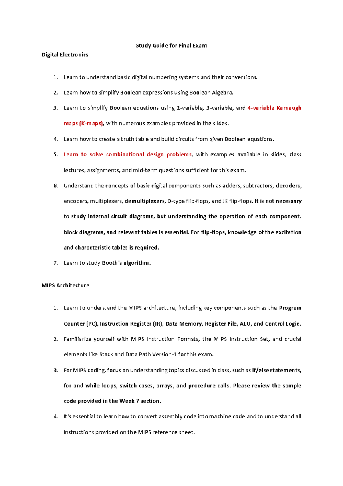 Final Exam Study Guide: Digital Electronics & MIPS Arch (DE1) - Studocu
