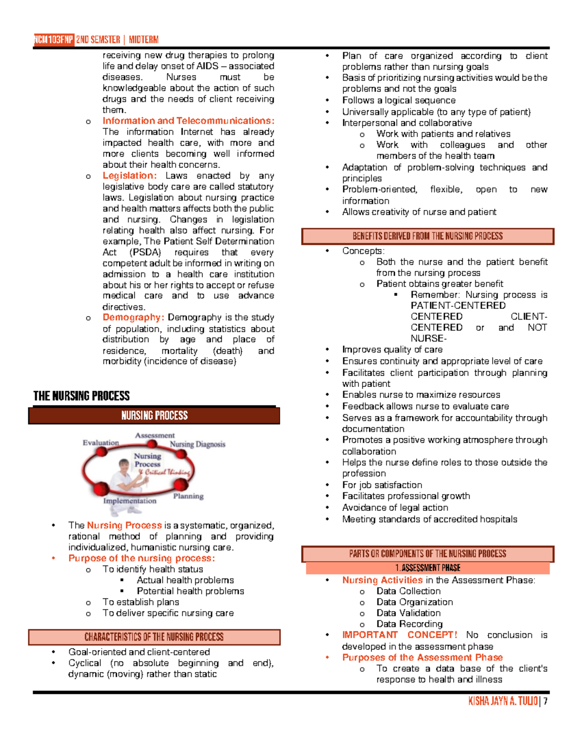 NCM103FNP - Midterm Study Notes on Nursing Process and Patient Care ...
