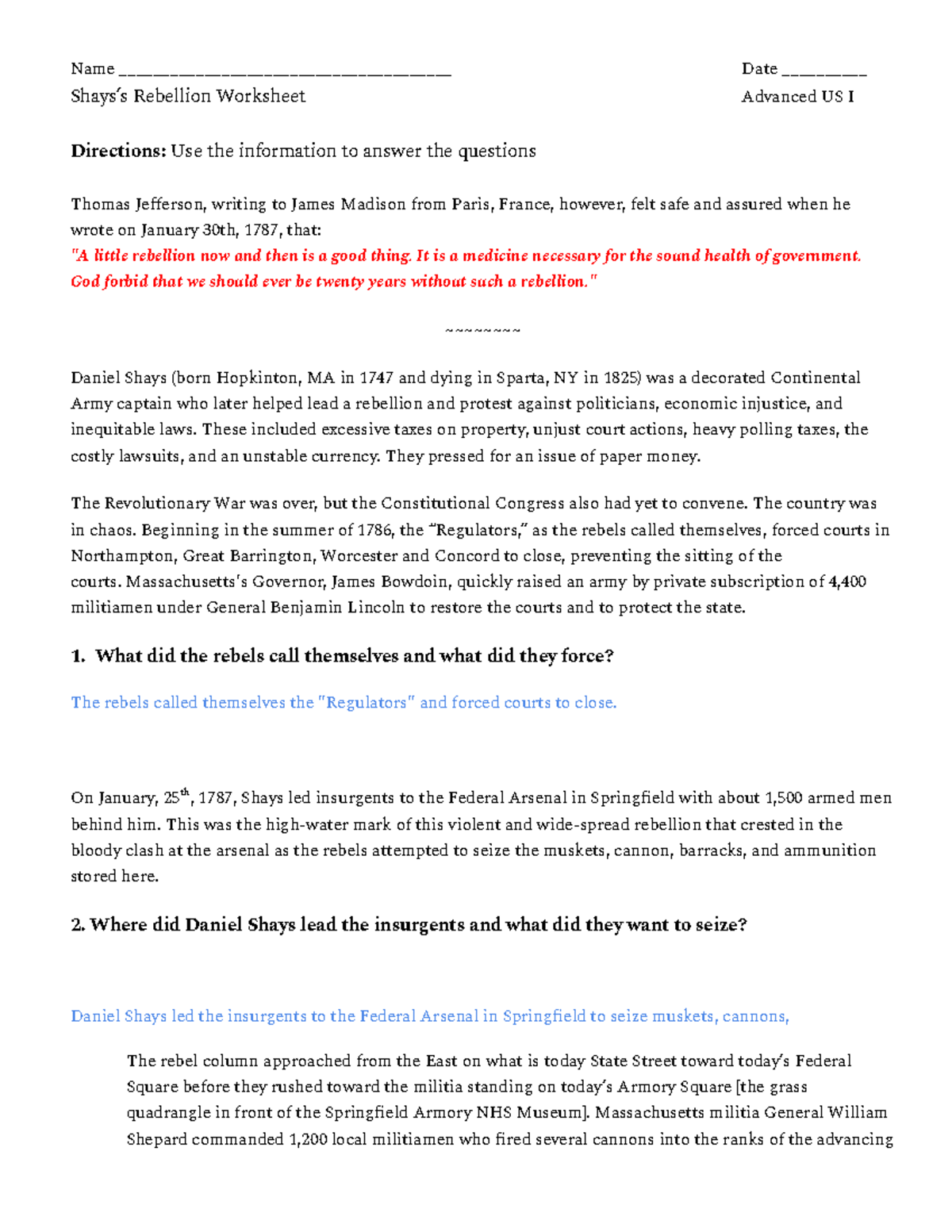Shay's Rebellion - Name _______________________________________ Date ...