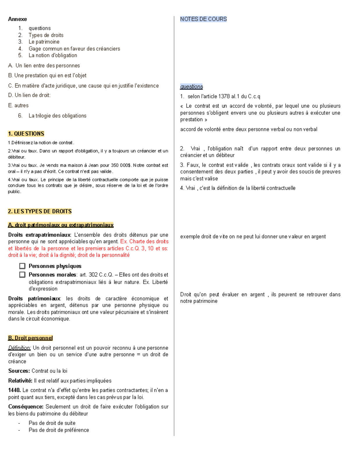 Droit des Obligations - Notes de Cours Cours 1: Types et Concepts - Studocu