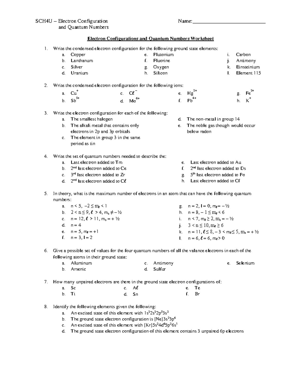 02 - Electron Configurations and Quantum Numbers Worksheet - 2020 ...