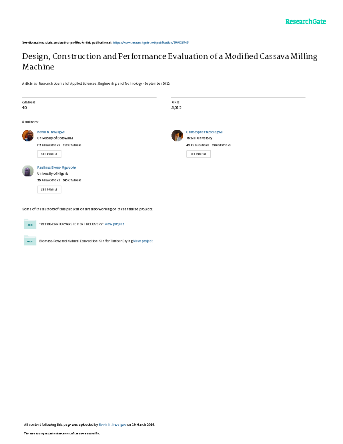 Design and Performance Evaluation of a Modified Cassava Milling Machine ...