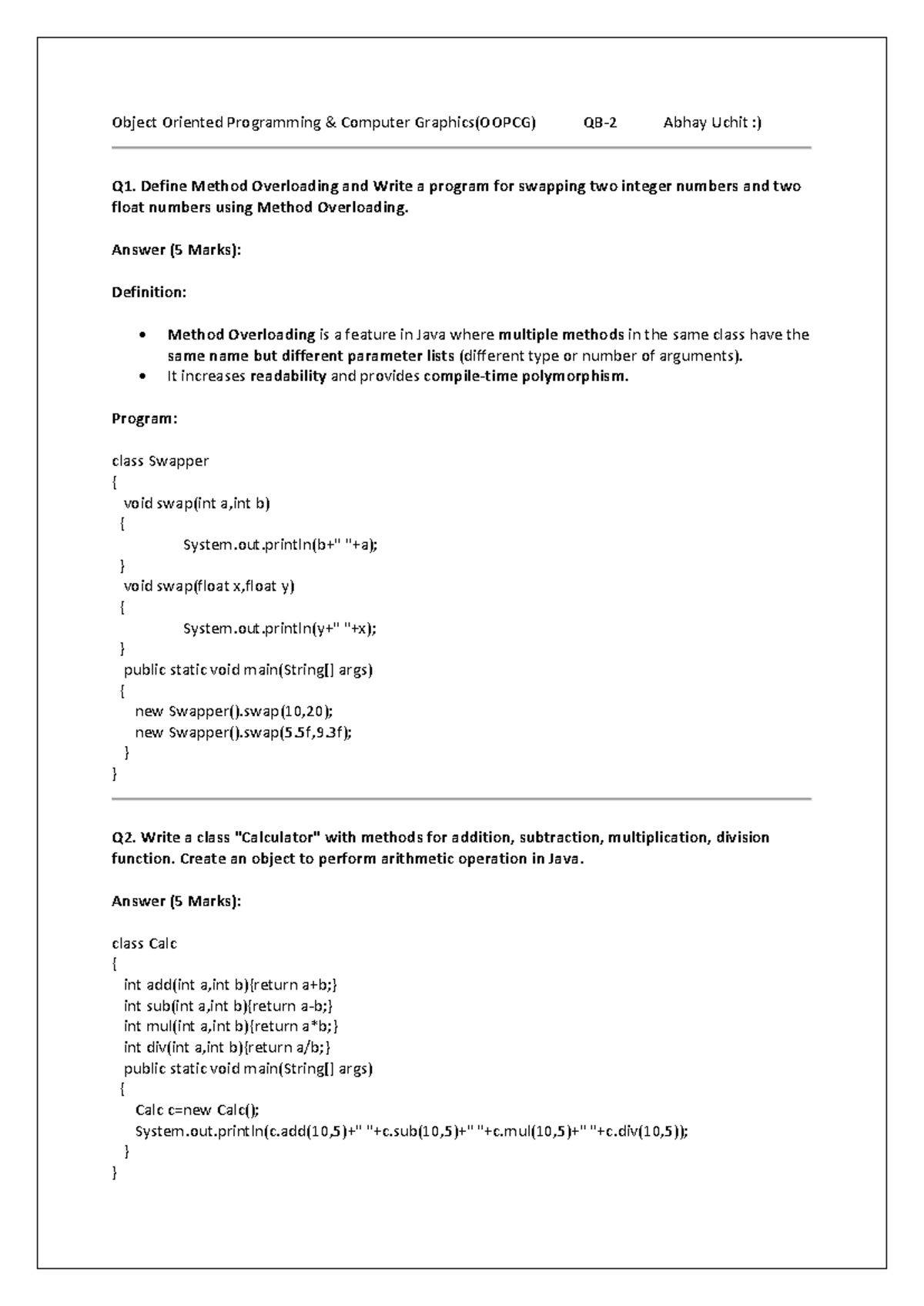 OOPCG Q1-Q11: Method Overloading, Constructors, and Stream Classes Explained - Studocu