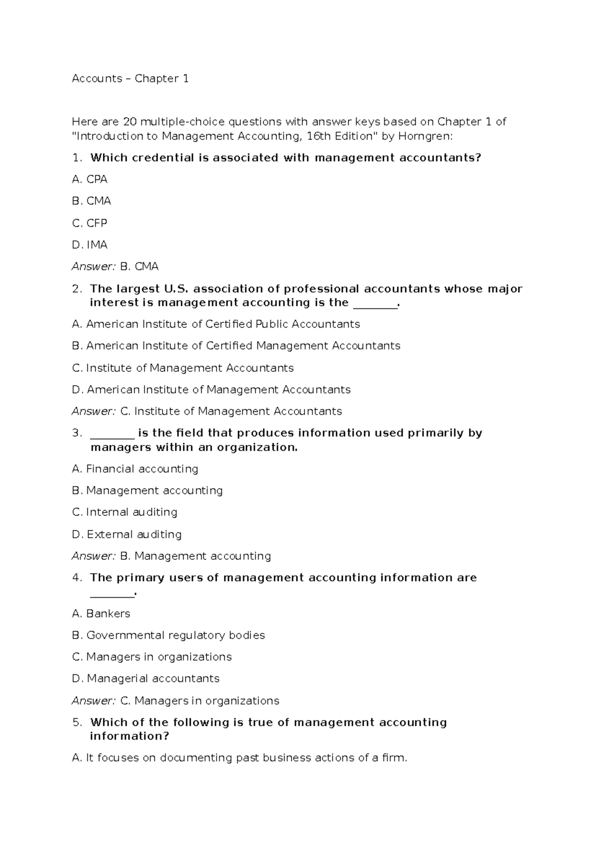 Management Accounting (ACCT 101) Chapter 1 Practice Questions and Answers - Studocu
