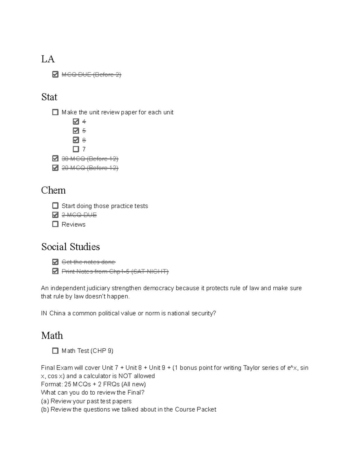 Final Exam Notes - LA MCQ, Math, Chem, and Social Studies Review - Studocu