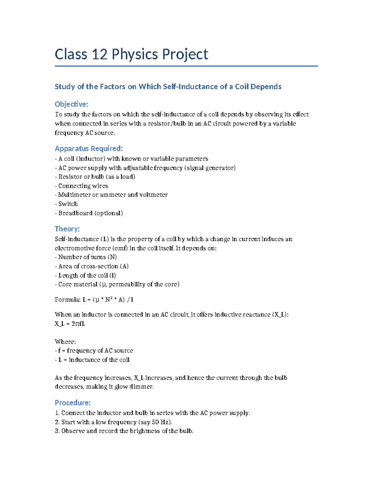 Self-Inductance Coil Project: Factors Affecting L - Class 12 Physics ...