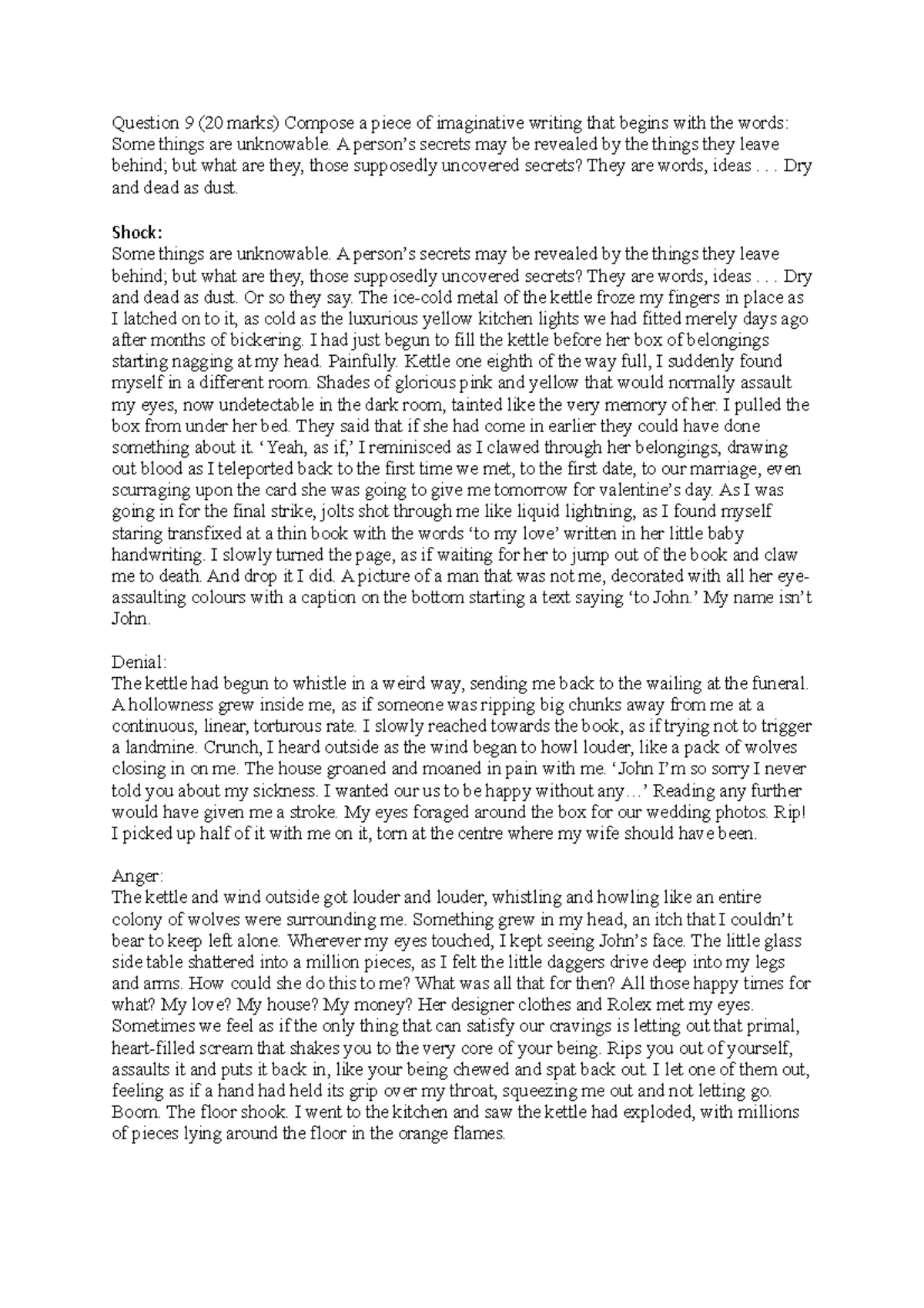 Creative writing response and feedback - Question 9 (20 marks) Compose ...