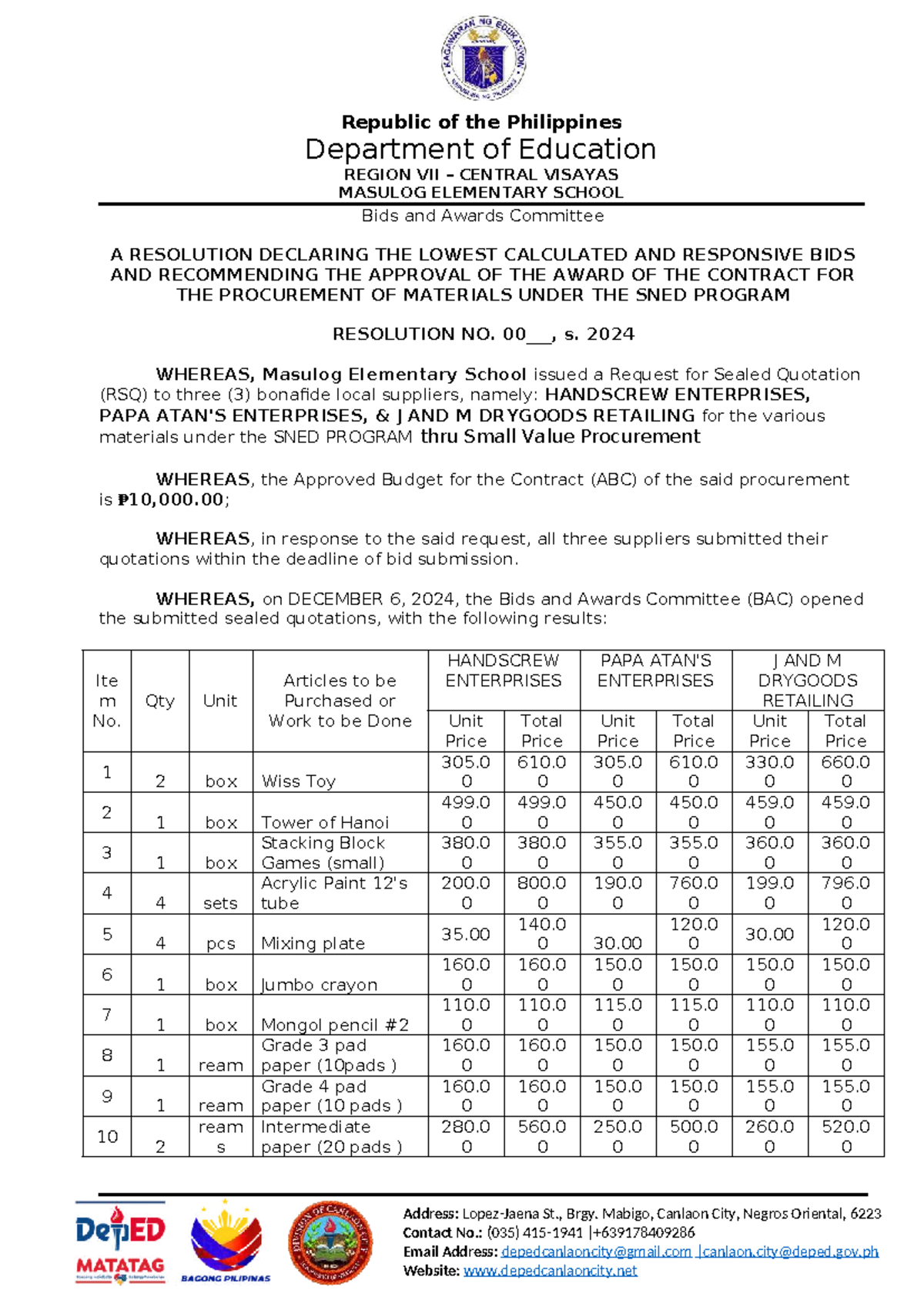 BAC Resolution: Approval of Lowest Responsive Bids for SNED Program ...
