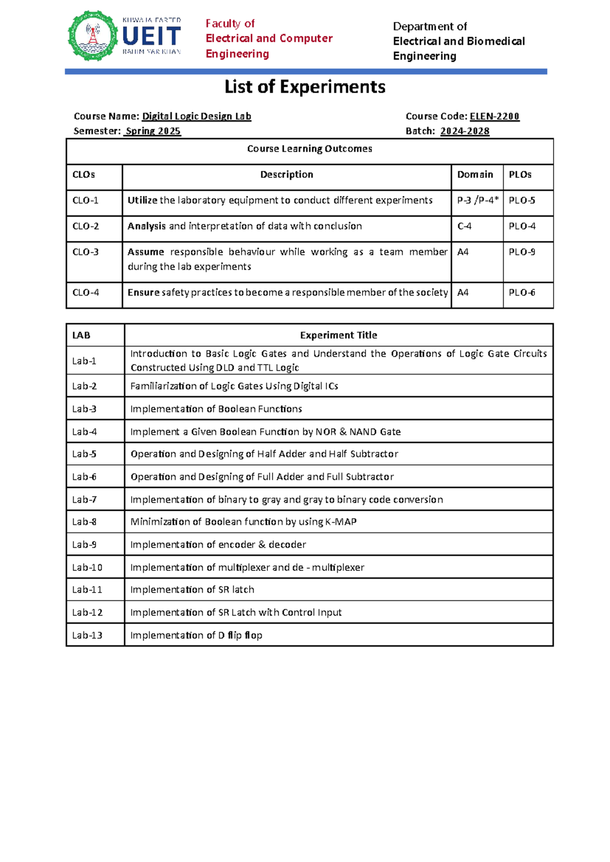 ELEN-2200: Digital Logic Design Lab Experiments Overview - Spring 2025 ...