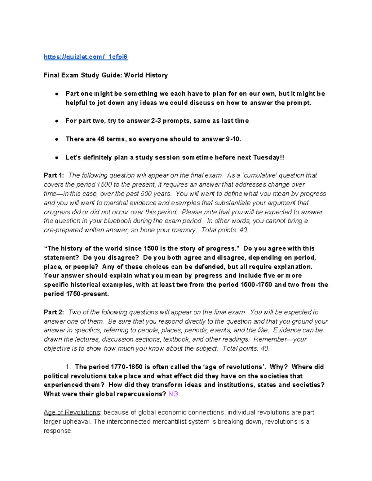 History Exam Study Guide - Final Exam Study Guide: World History Part ...