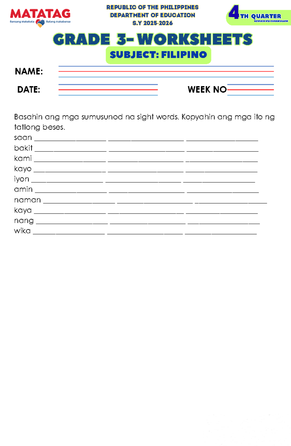 Q4 G3 Filipino Worksheets: Sight Words and Reading Comprehension ...