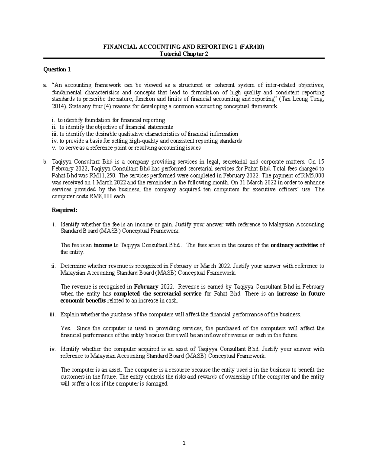 FAR410 Tutorial Chapter 2 Answers - FINANCIAL ACCOUNTING AND REPORTING 1 (FAR410) Tutorial ...